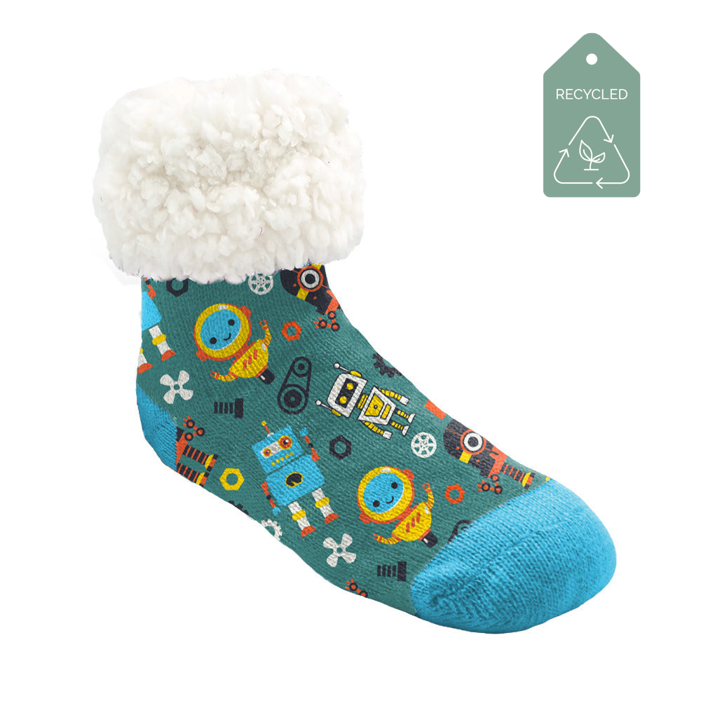 Robot Teal - Kids & Toddler Recycled Slipper Socks – Pudus™ Lifestyle Co.